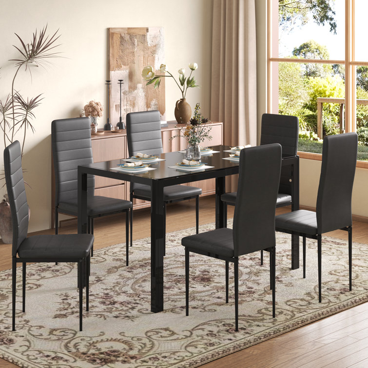 Ebern Designs 7-piece Glass Top Dining Table Set, Kitchen Table And 6 Luxury Faux Leather Chairs ...